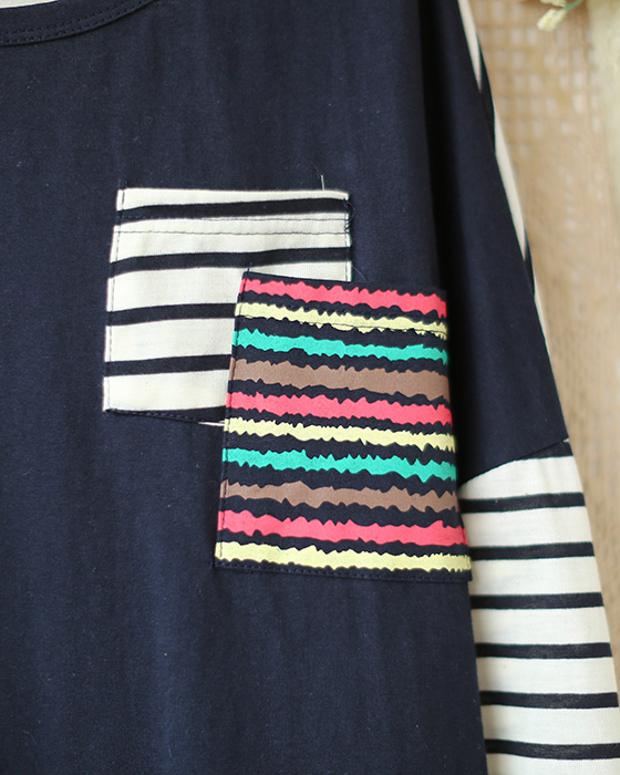 Loose Stitching Patch Pocket Stripe Bat Long Sleeve T-shirt on Luulla