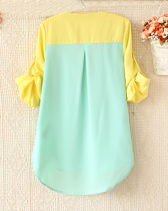 Color Matching V-neck Shirt Long Sleeve Chiffon Unlined Upper Garment ...