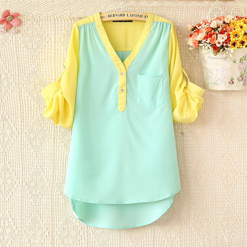 Color Matching V-neck Shirt Long Sleeve Chiffon Unlined Upper Garment ...